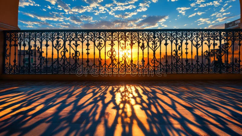 Ornamental Balcony with Sunset Shadow Patterns Stock Illustration ...