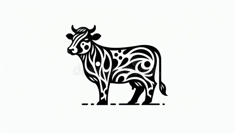 Ornamental Black and White Cow Line Art Illustration Stock Illustration ...
