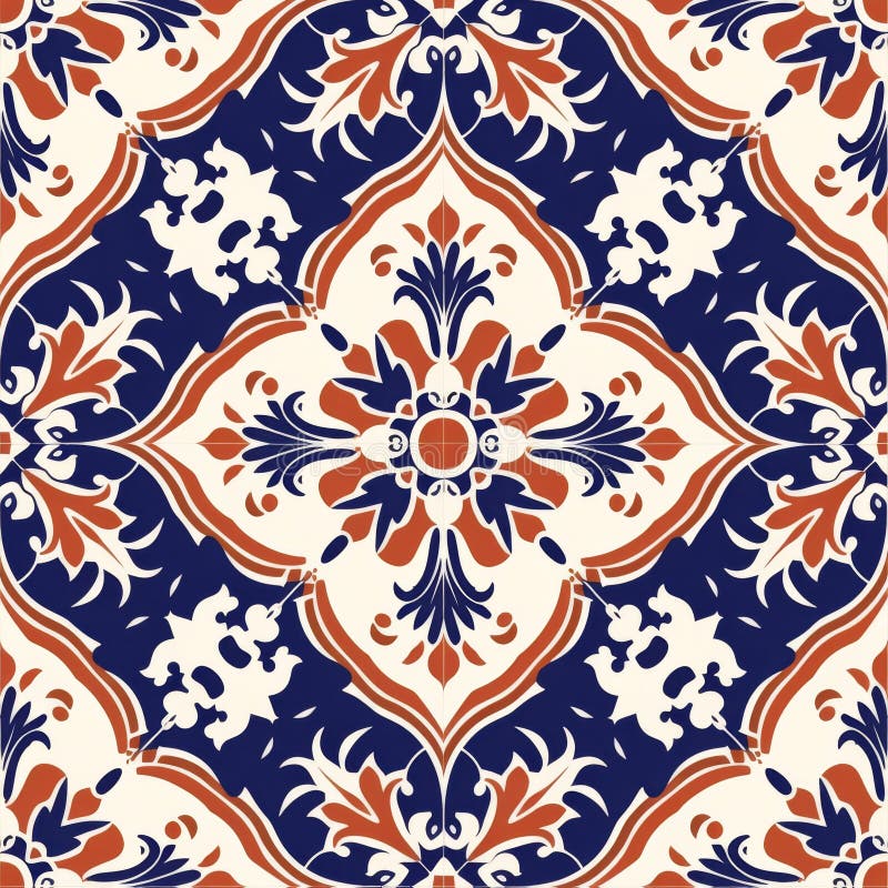 Ornamental Blue and Orange Floral Tile Design Stock Image - Image of ...