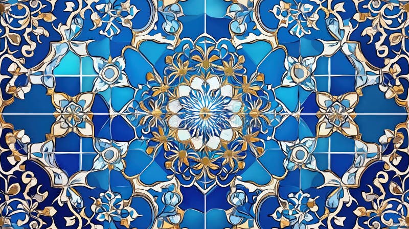 Ornamental Blue Tiles with Intricate Floral Designs, Gold Accents ...