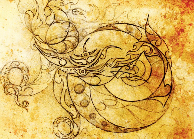 Ornamental Drawing. Original Hand Draw and Computer Collage. Color ...