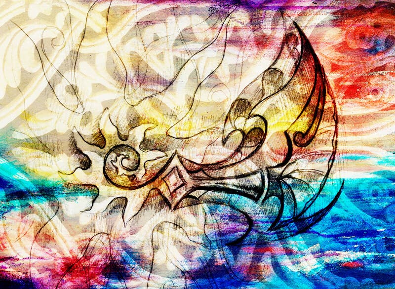 Ornamental Drawing. Original Hand Draw and Computer Collage. Color ...