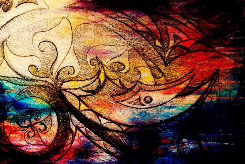 Ornamental Drawing. Original Hand Draw and Computer Collage. Color ...