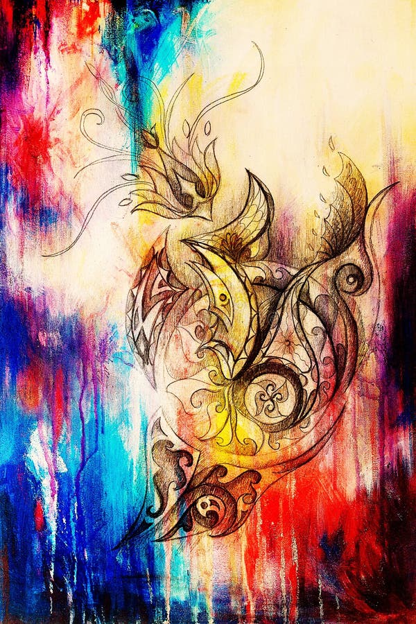 Ornamental Drawing. Original Hand Draw and Computer Collage. Color ...