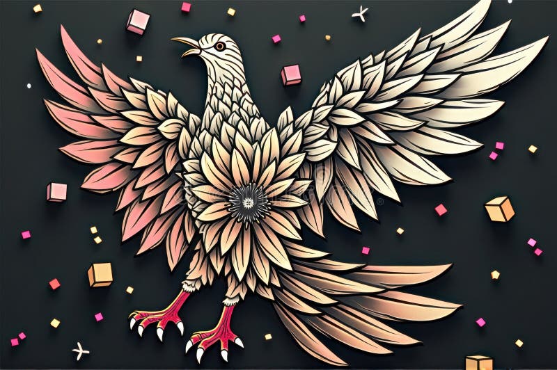 Ornamental Floral Bird with Geometric Shapes on Dark Background Stock ...