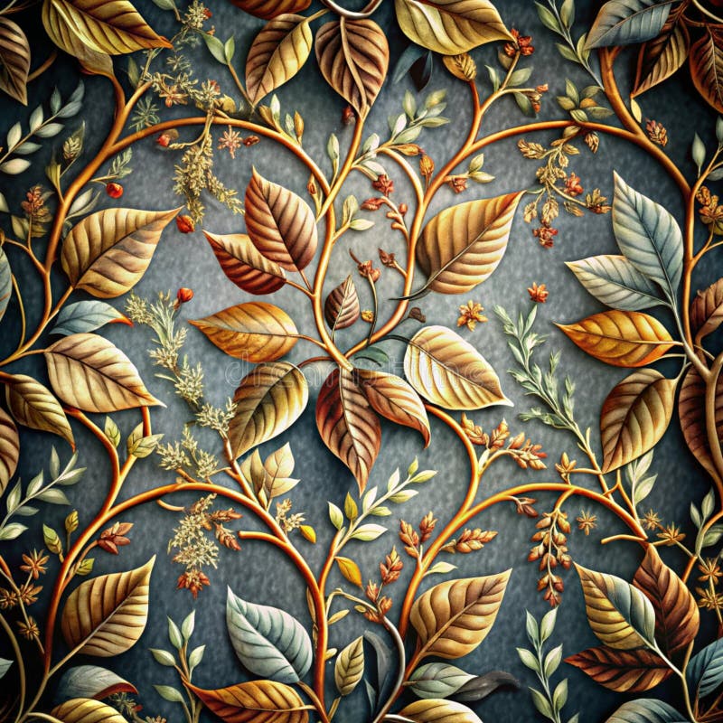 Ornamental Floral Pattern with Golden Leaves and Branches on Textured ...