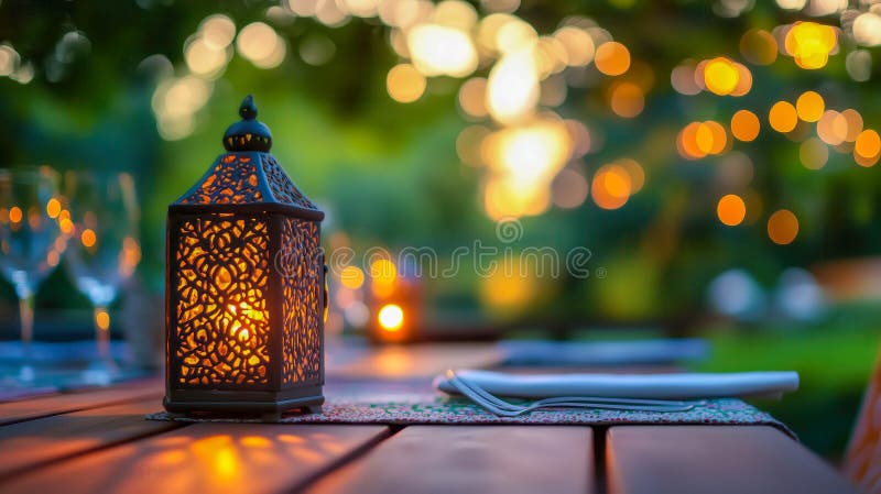 Ornamental Lantern Illuminating Outdoor Dining Table at Sunset Stock ...