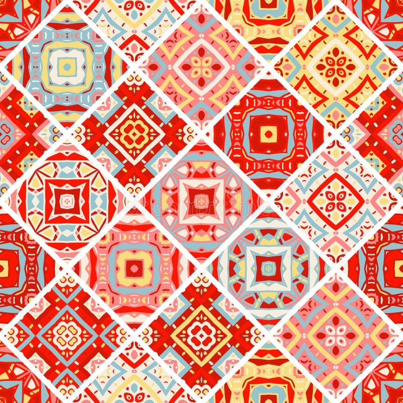 Bright Seamless Patchwork Pattern in Red Colors. Patches with Floral ...