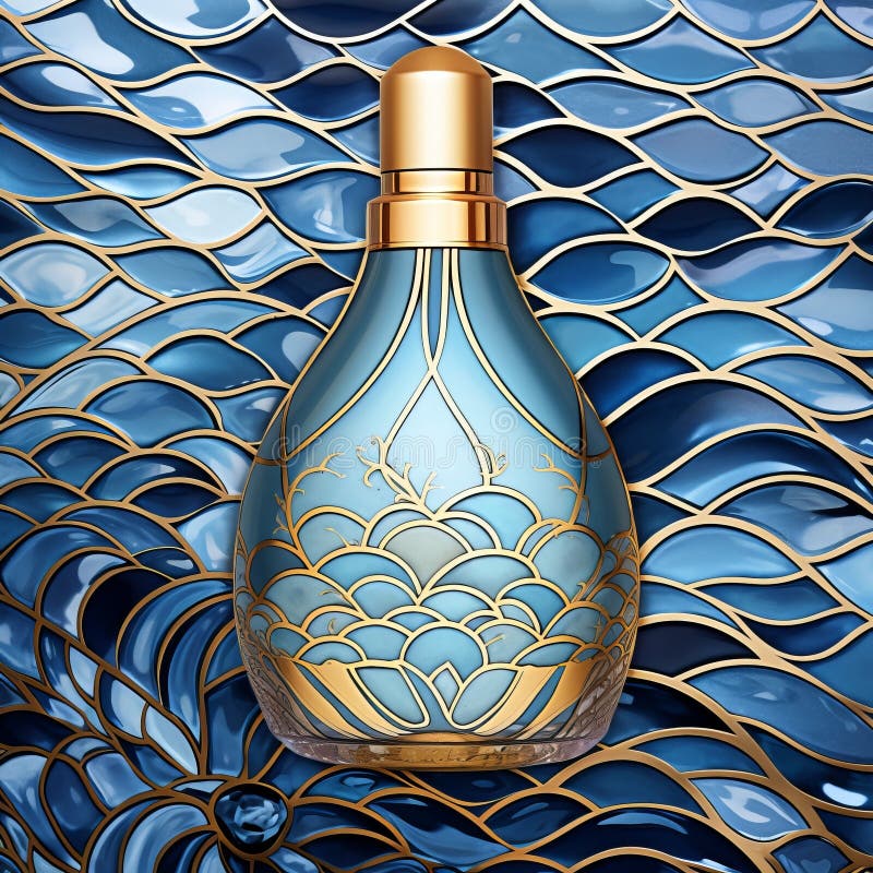 Ornamental Perfume Bottle on Blue Wave Pattern Stock Illustration ...