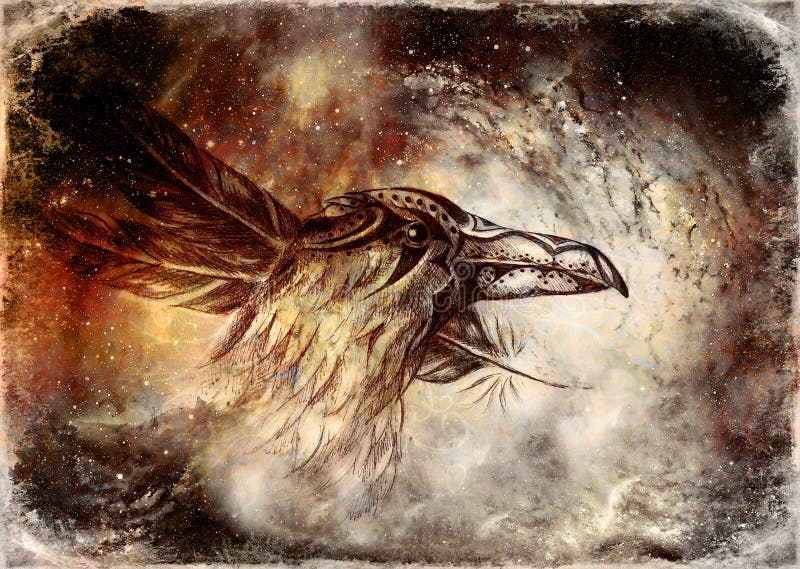 Ornamental Raven Drawing with Feathers in Cosmic Space. Stock Photo ...