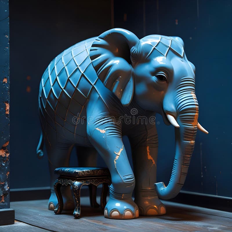 An Ornamental Statue of a Blue Elephant in a Dark Chamber. Stock Image ...