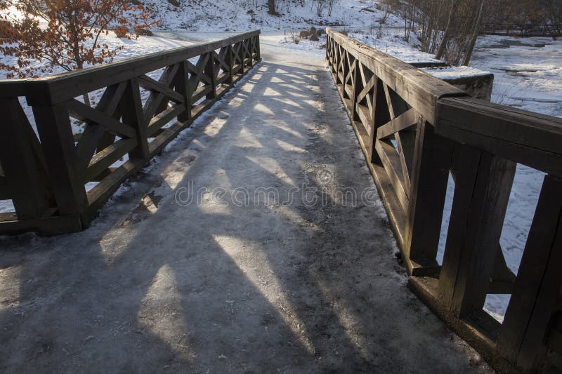 Ornamental Wooden Bridge in the Winter Evening. Nice Texture with ...