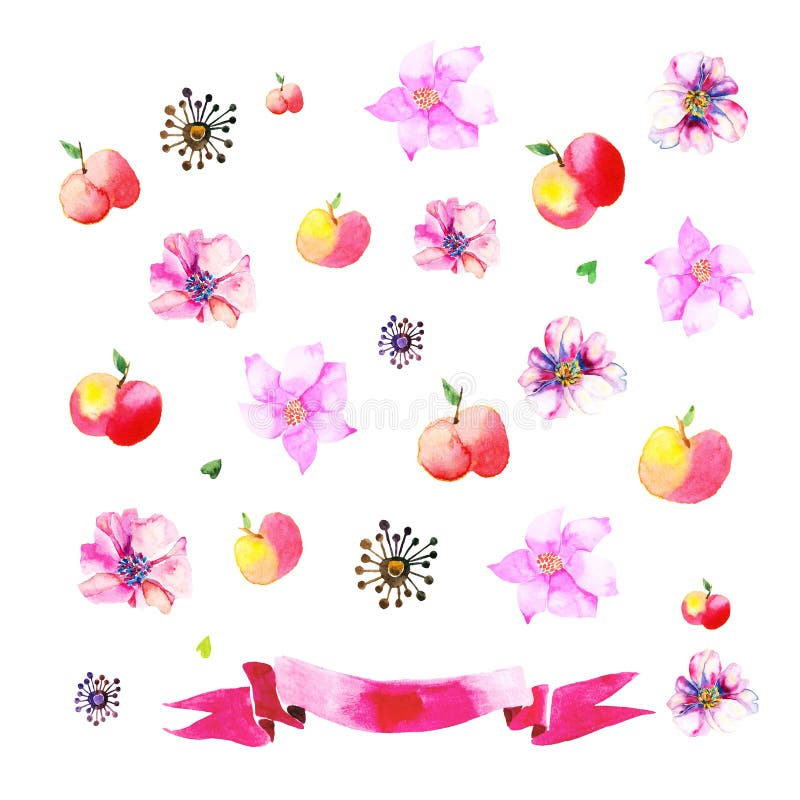 Ornaments with Painted Apples, Flowers Stock Vector - Illustration of ...