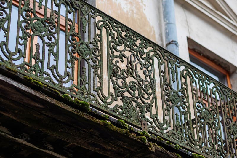 Ornate Aged Balcony Railing with Moss and Rust on Historic Building ...