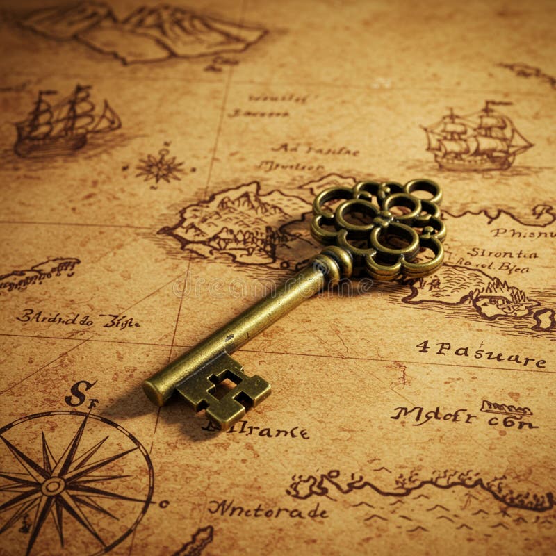 An Ornate, Antique Brass Key Rests on a Vintage-style Map. the Map ...