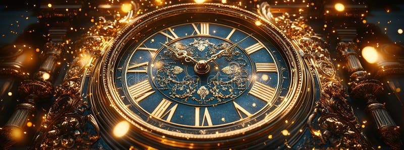 Ornate Antique Clock Face with Gold Detailing and Sparkling Lights ...