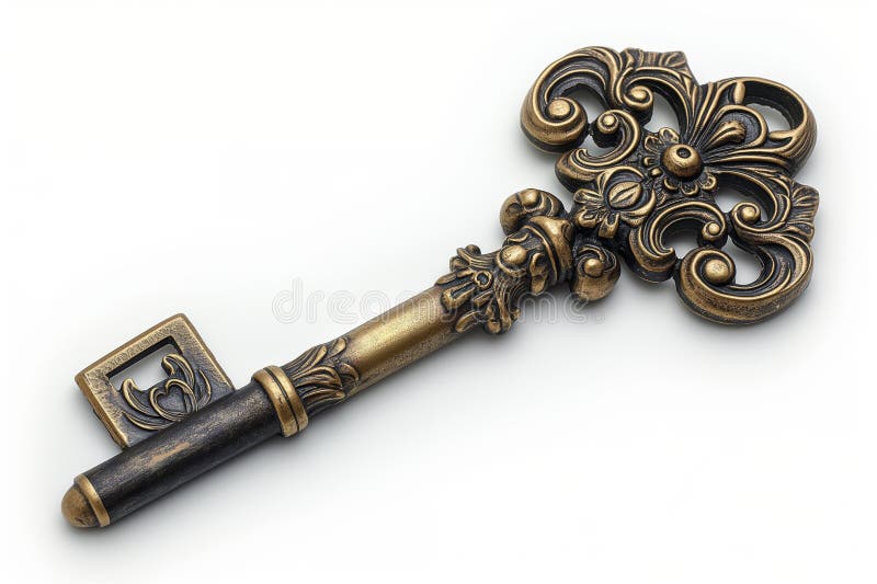 Ornate Antique Key with Intricate Details on a White Background Stock ...