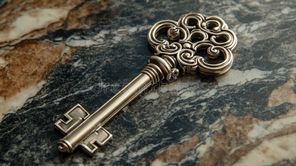 Ornate Antique Key on a Marbled Surface. Stock Image - Image of vintage ...