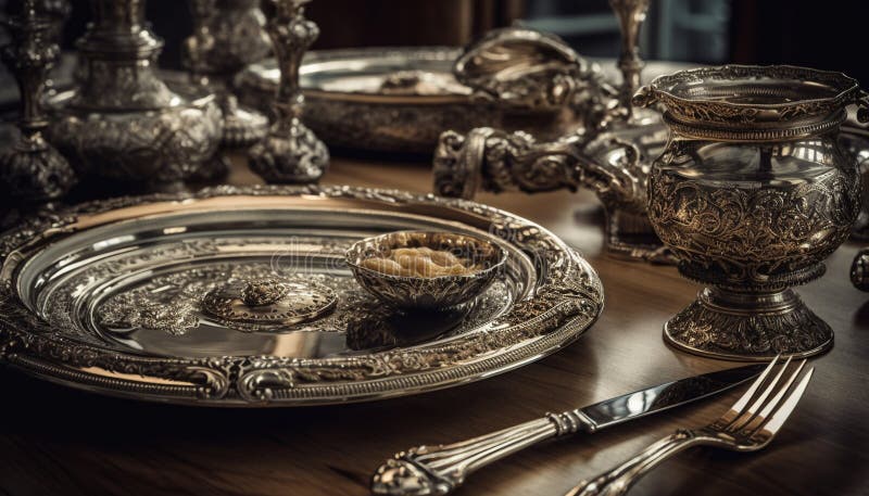 An Ornate Antique Plate with Intricate Copper Pattern and Silverware ...