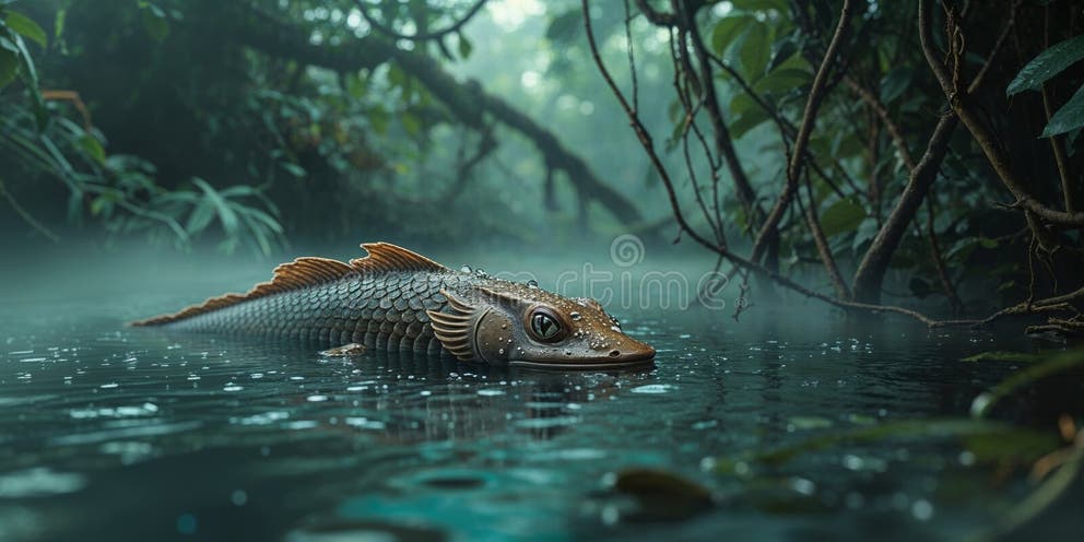 Ornate Aquatic Creature Emerging from Jungle Waters Stock Image - Image ...