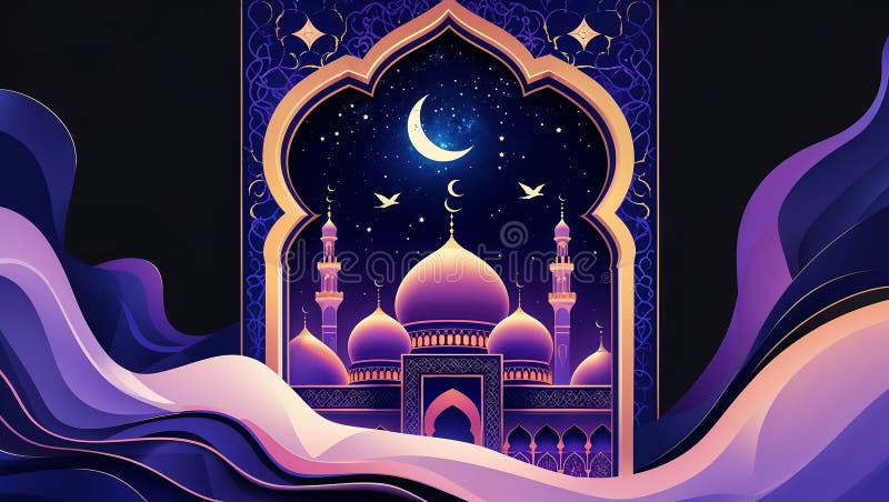 Ornate Arched Window Frame with Stylized Night Scene on Dark Background ...