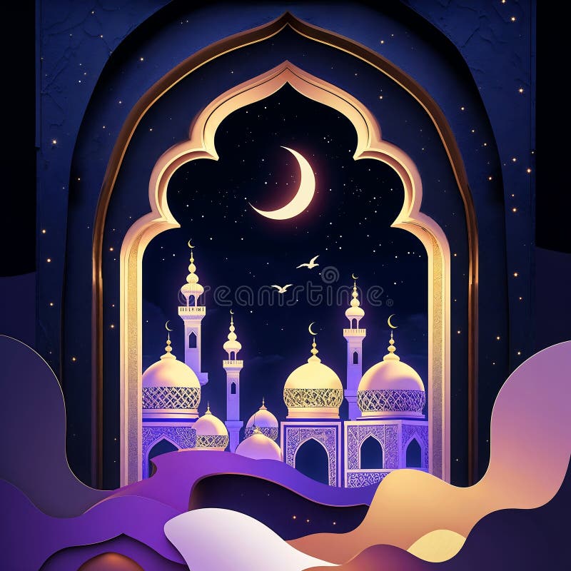 Ornate Arched Window Frame with Stylized Night Scene on Dark Background ...