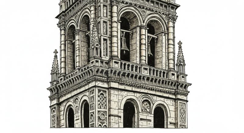 Ornate Architectural Illustration of a Gothic-style Bell Tower ...