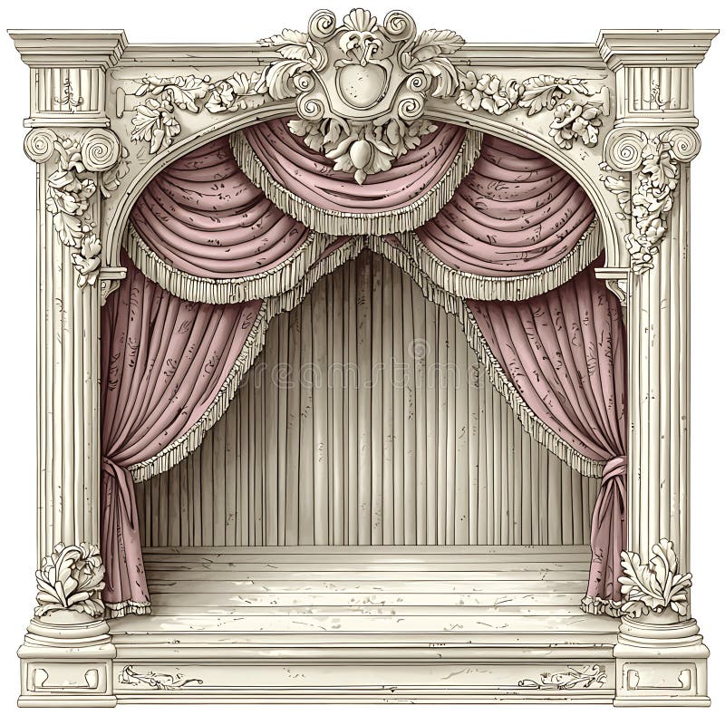 Ornate Stage Arch with Pink Drapes and Classical Architectural Details ...