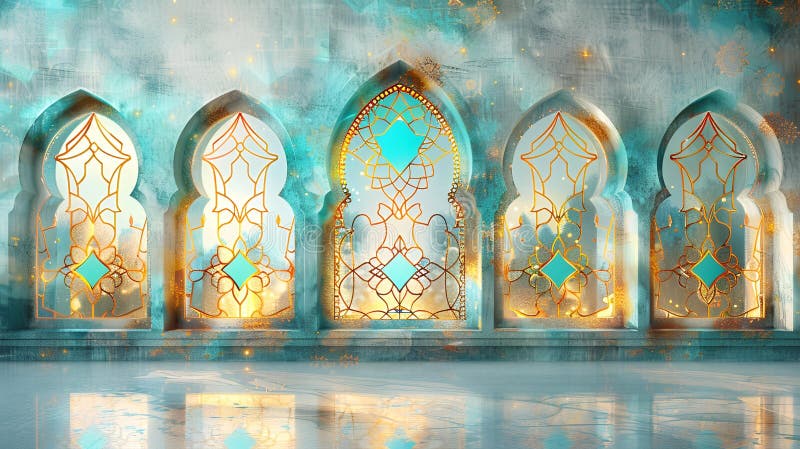 Ornate Architectural Windows with Intricate Designs Illuminated by Soft ...