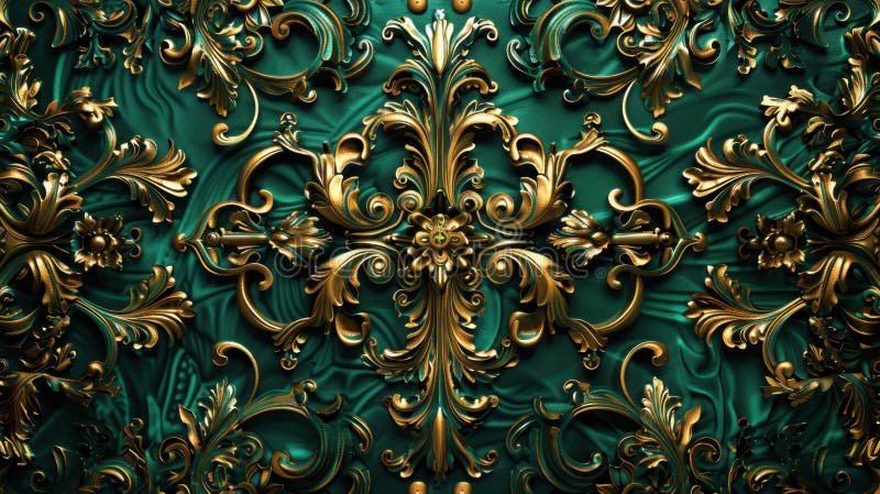 Ornate Baroque Gold Floral Pattern on Green Background for Luxurious ...