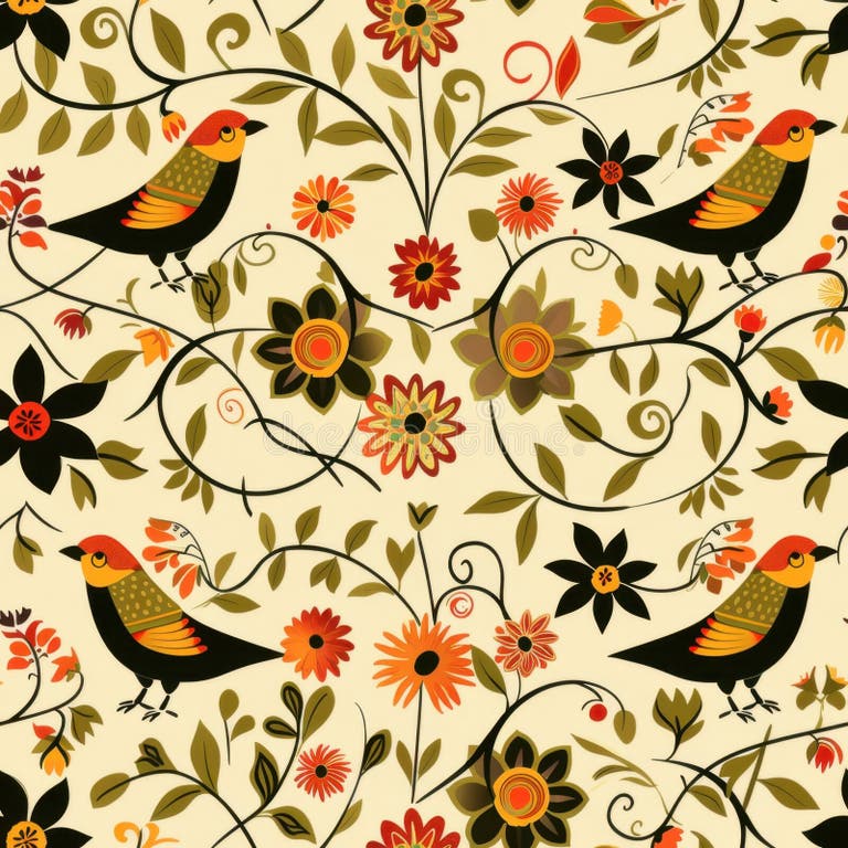 Ornate Bird and Floral Pattern Wallpaper Design Stock Image - Image of ...