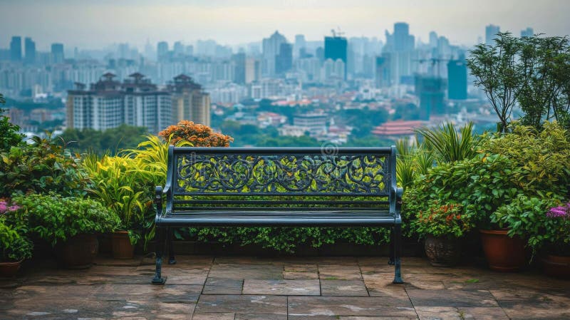 Ornate Black Bench Overlooking a Cityscape with Greenery Stock ...