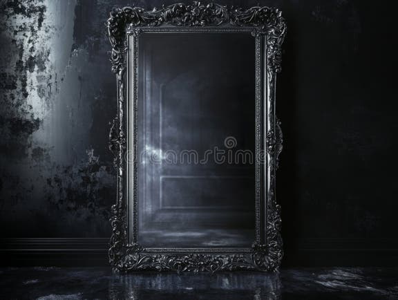 Ornate Black Mirror in a Dark Room Stock Illustration - Illustration of ...