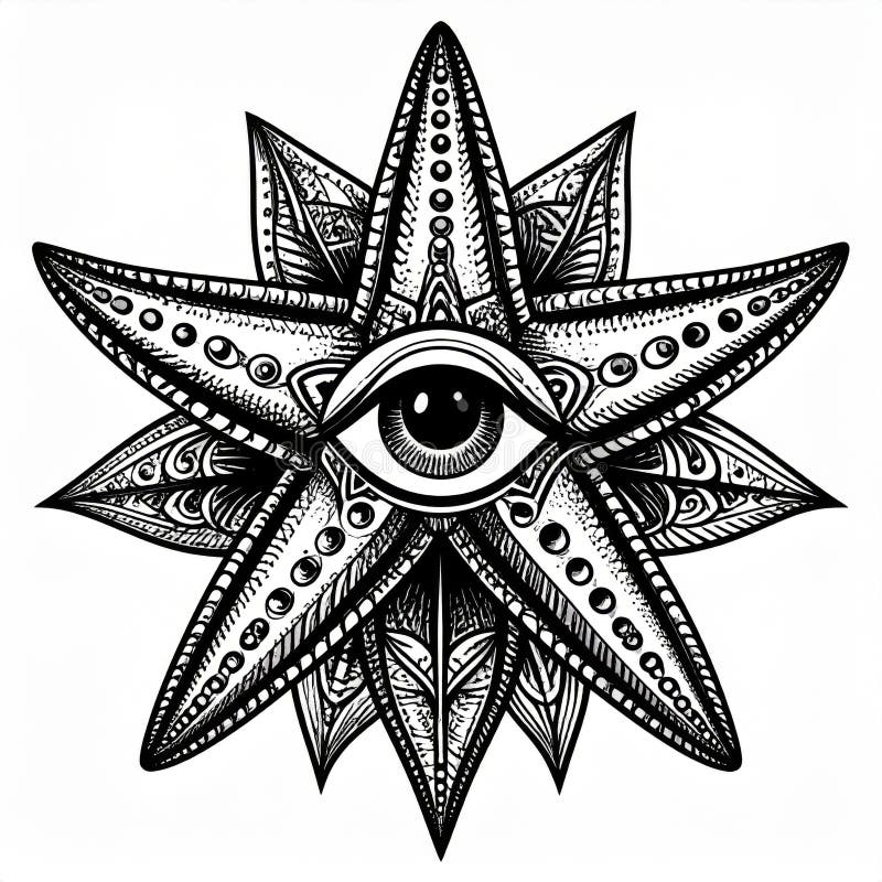 Ornate Black and White Eye Star Flower Mandala Stock Illustration ...