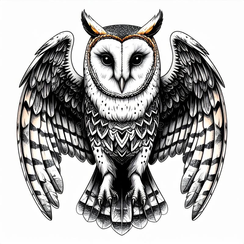 Ornate Black and White Owl with Spread Wings Stock Illustration ...