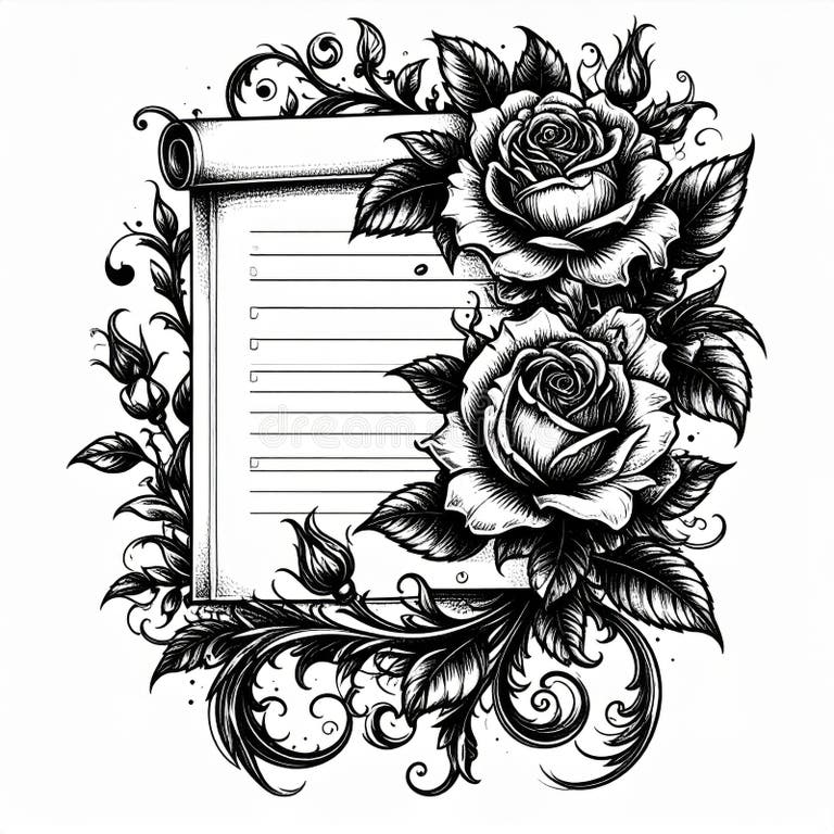 Ornate Black and White Roses and Scroll Design Stock Illustration ...