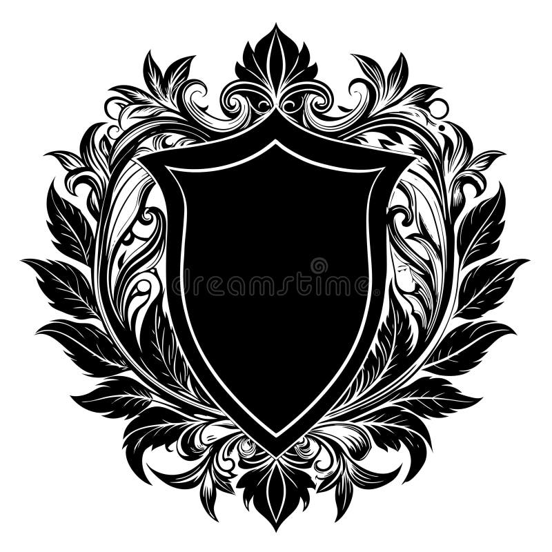 Ornate Black and White Shield with Floral and Leaves Stock Vector ...