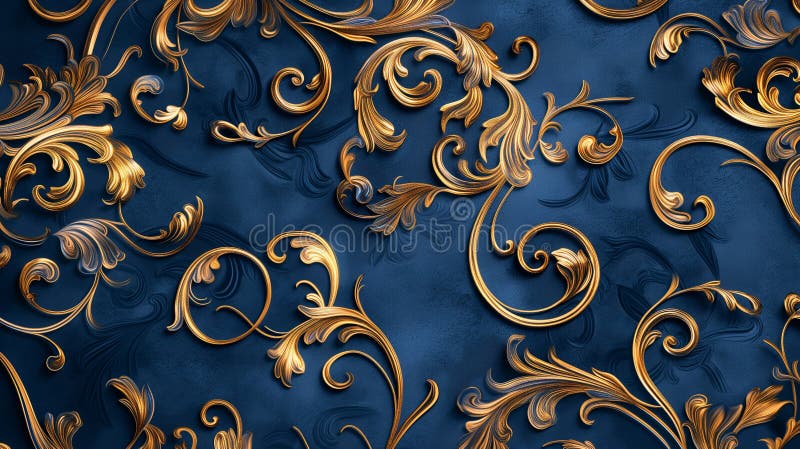 An Ornate Blue Background with Complex Gold Designs Intricately Woven ...