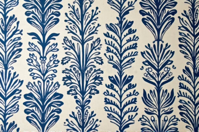 Ornate Blue Botanical Patterns on Beige Textile Background Stock Photo ...