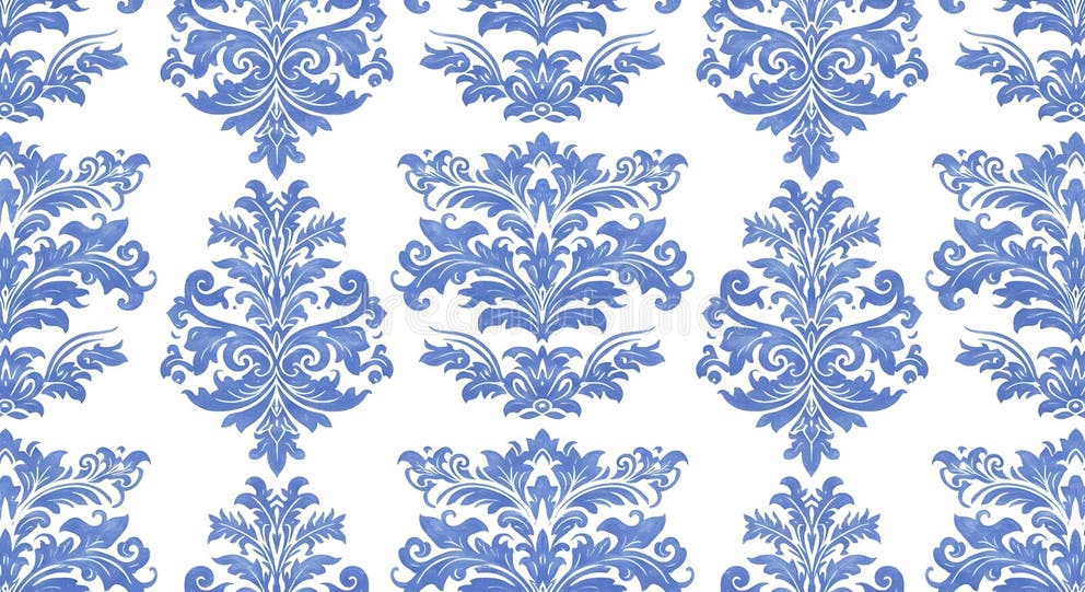 Ornate Blue Damask Pattern on a White Background. the Design Features ...