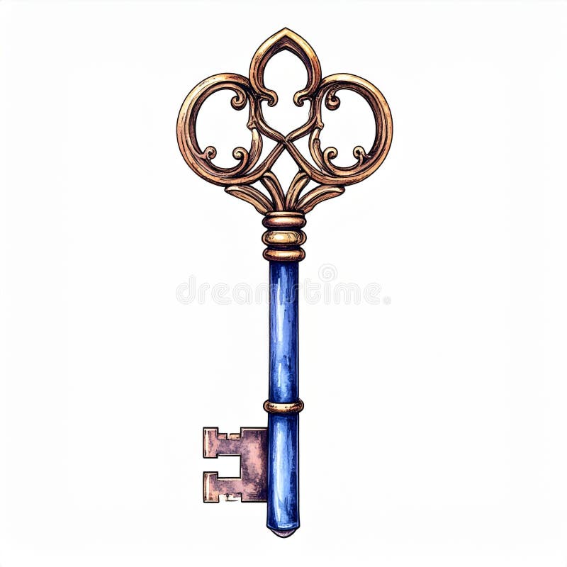 Ornate Blue and Gold Antique Key Illustration Stock Illustration ...