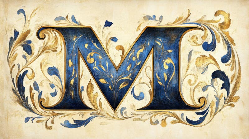 Ornate Blue and Gold Floral Letter M Monogram Stock Illustration ...