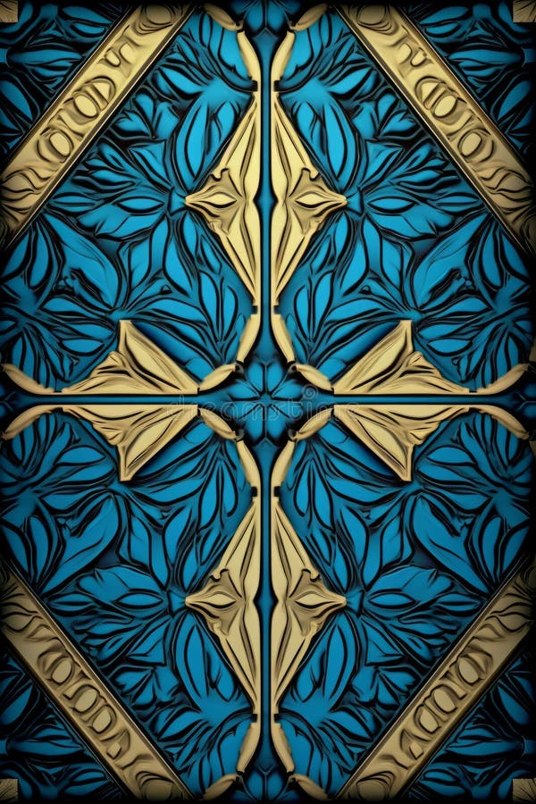 An Ornate Blue and Gold Pattern on a Black Background Stock ...