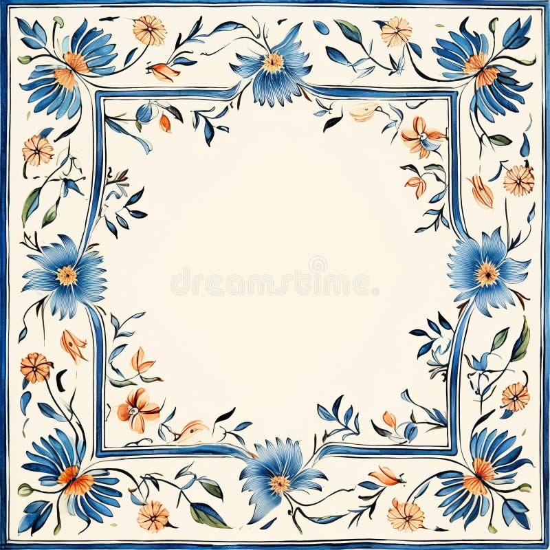 An Ornate Blue and Orange Floral Border on a White Background Stock ...