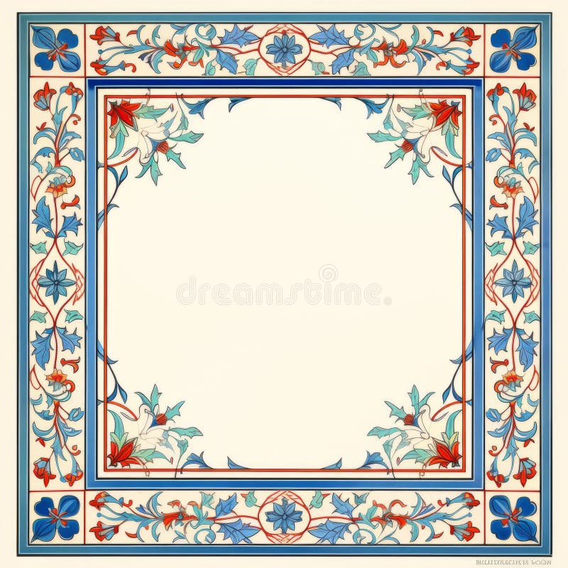 An Ornate Blue and Red Frame with Flowers and Leaves Stock Illustration ...