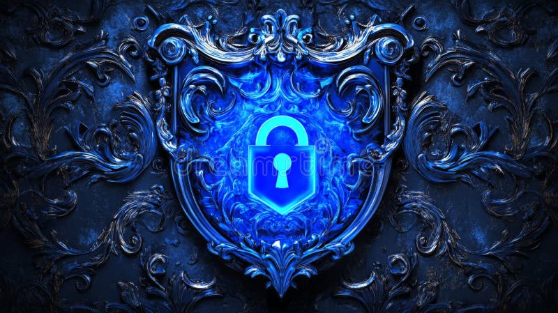 Ornate Blue Shield Featuring a Glowing Padlock Stock Illustration ...