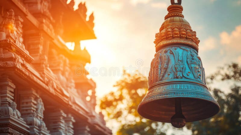 Ornate Blue Temple Bell at Sunrise Stock Illustration - Illustration of ...