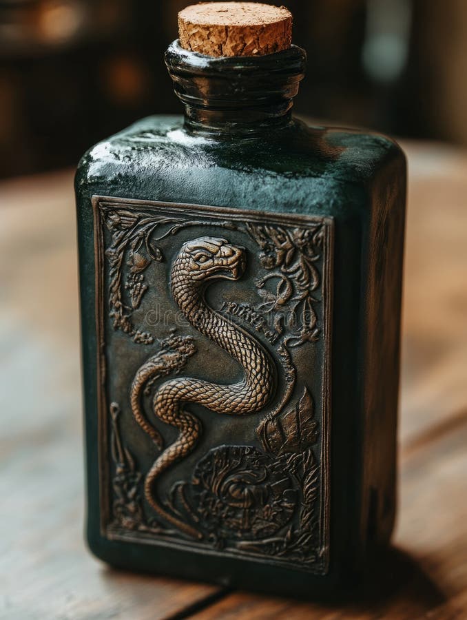 Ornate Bottle with Embossed Snake Design. Stock Photo - Image of flask ...