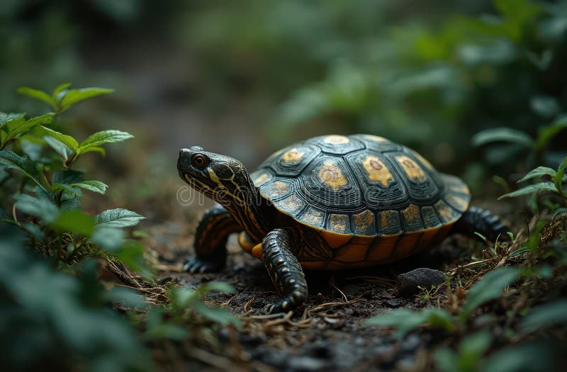 An Ornate Box Turtle among Ferns and Low Bushes in a Temperate Forest ...