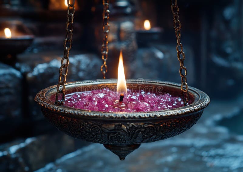 An Ornate Brass Incense Burner Glows Softly with Candlelight, Creating ...
